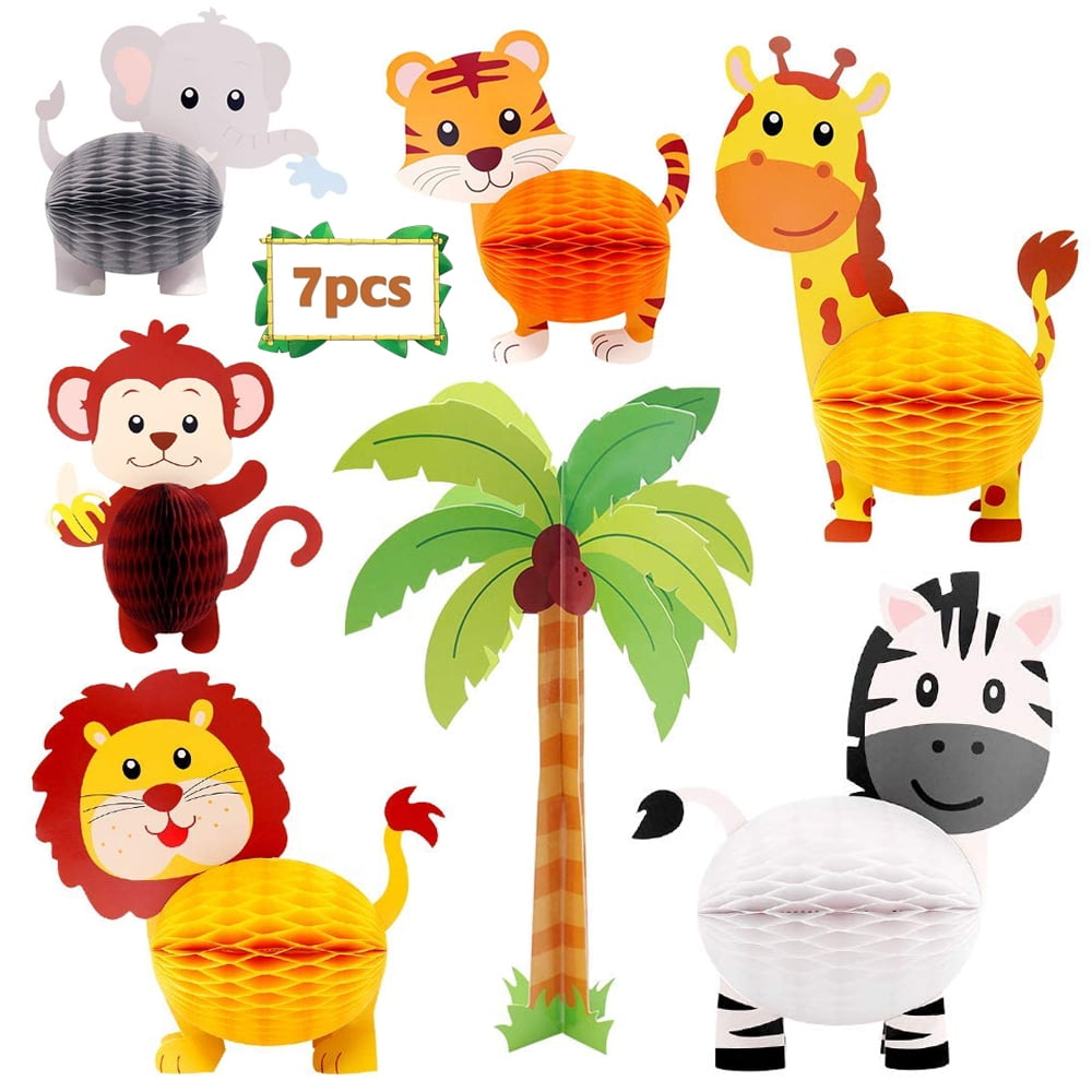 AMERTEER 7 Pieces 3D Jungle Safari Animals Honeycomb Centerpieces Table ...
