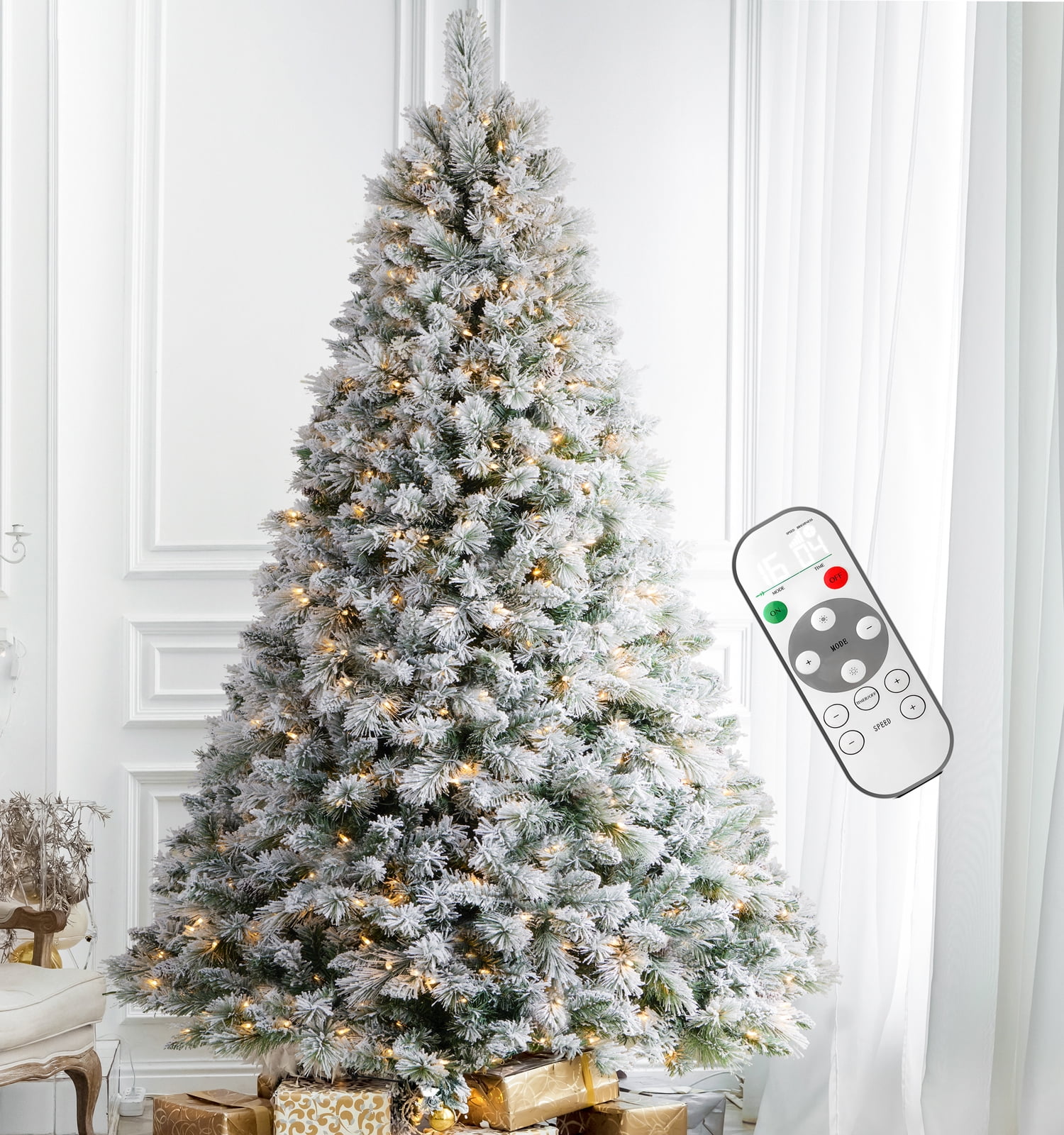 6.5FT Prelit Snow Flocked Artificial Holiday Christmas Tree with Remote ...
