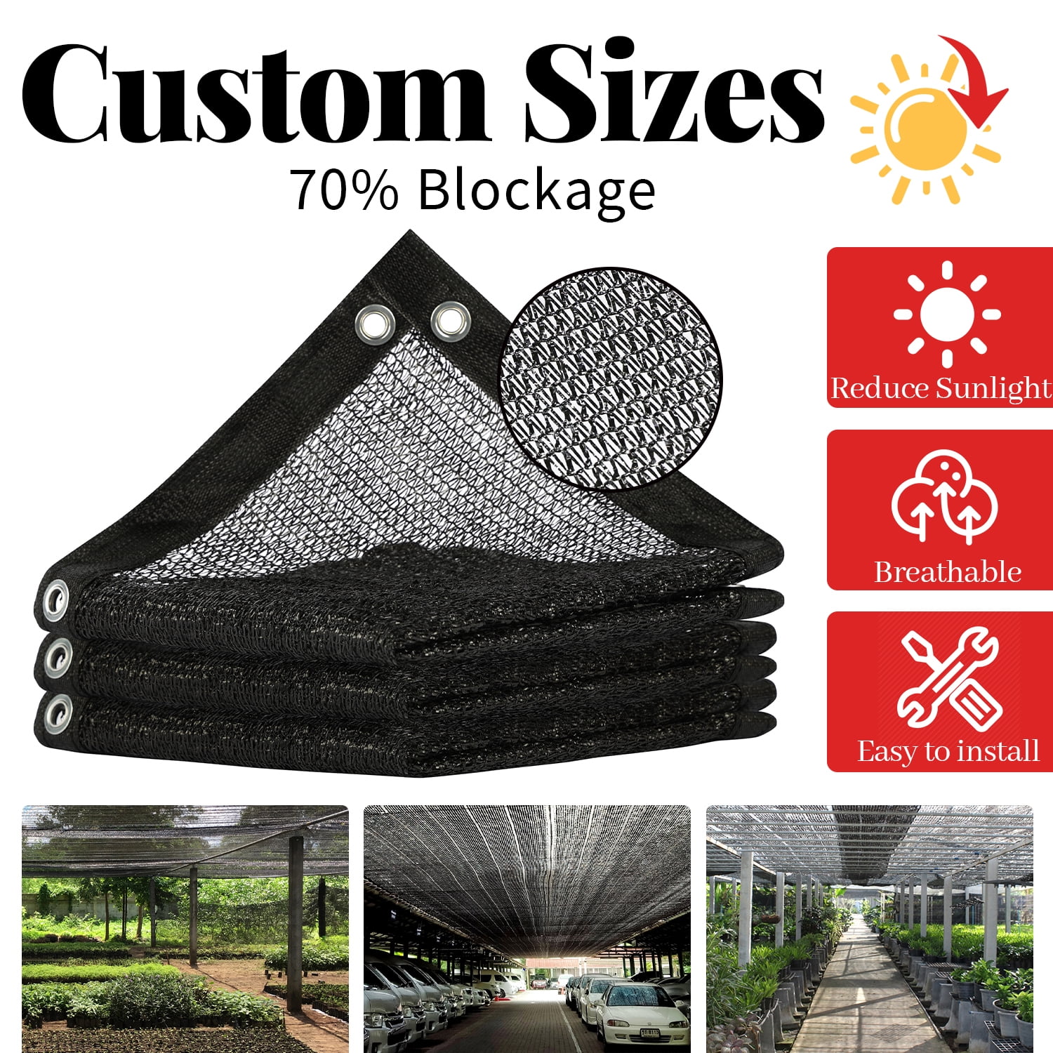 AMGO 70% Black Shade Cloth Custom Size 2FT x 77FT Mesh Tarp, UV ...