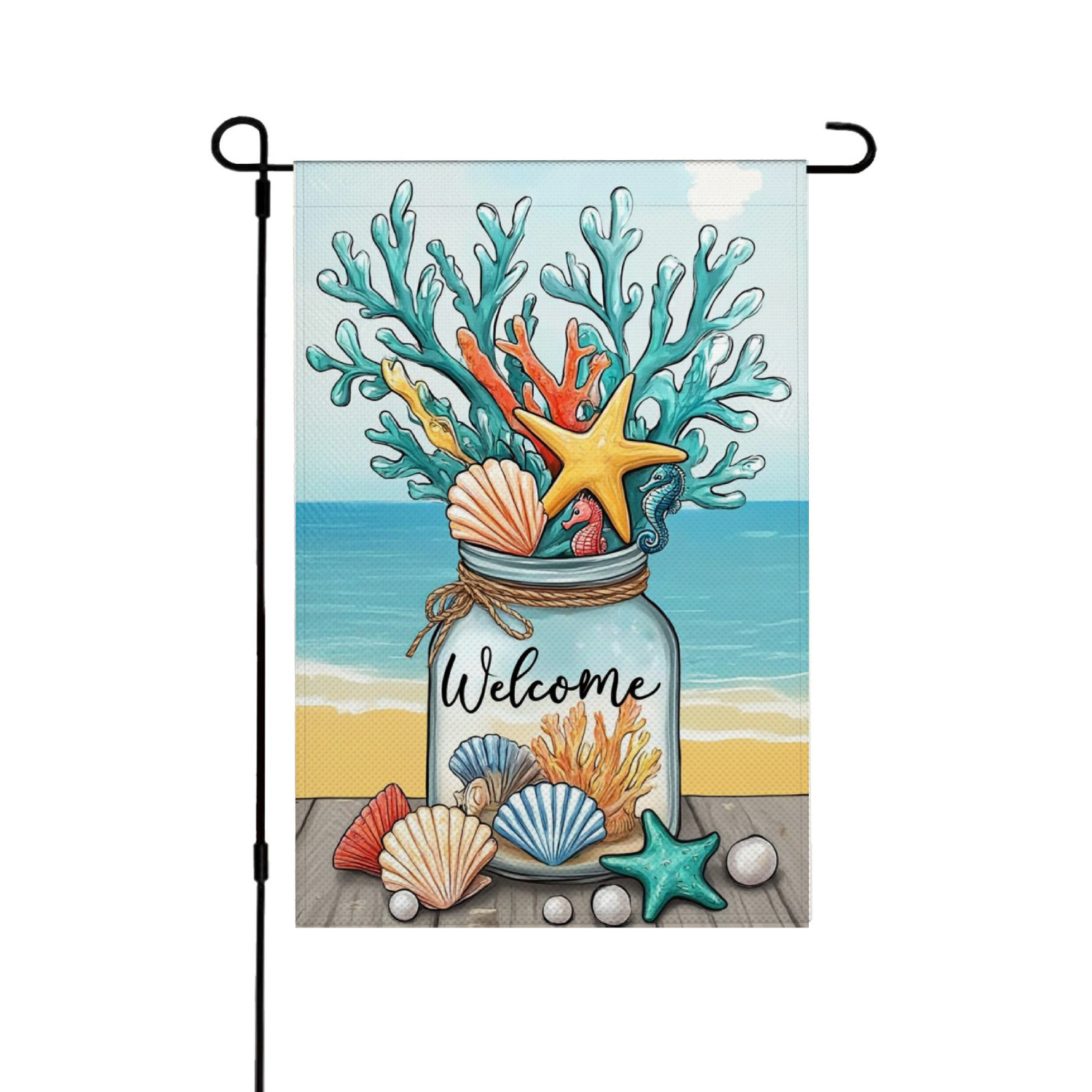 AMHNF Coastal Welcome Coral Seashell Starfish Linen Garden Flag for ...