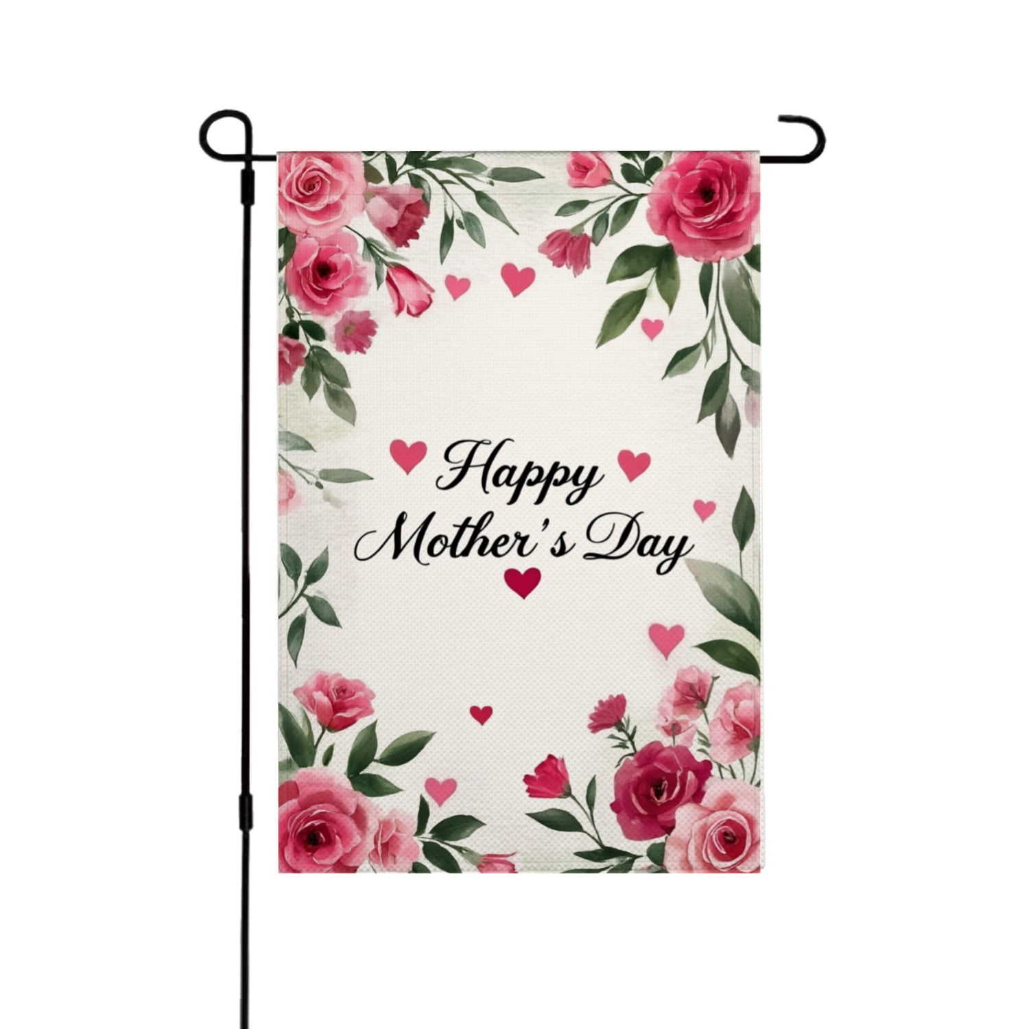 AMHNF Happy Mother's Day Linen Garden Flag with Pink Roses and Hearts ...