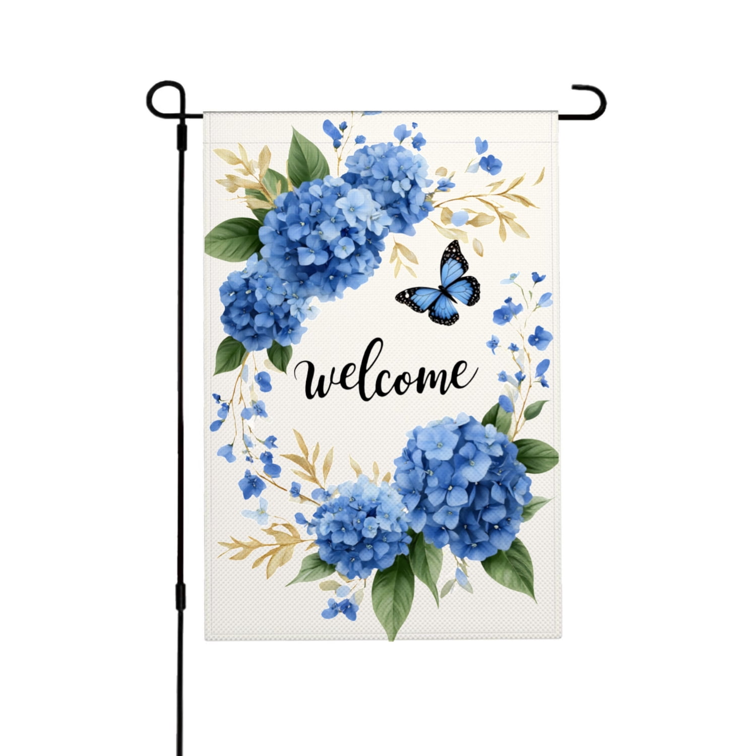 AMHNF Linen Garden Flag with Blue Hydrangeas and Butterfly Welcome Sign ...