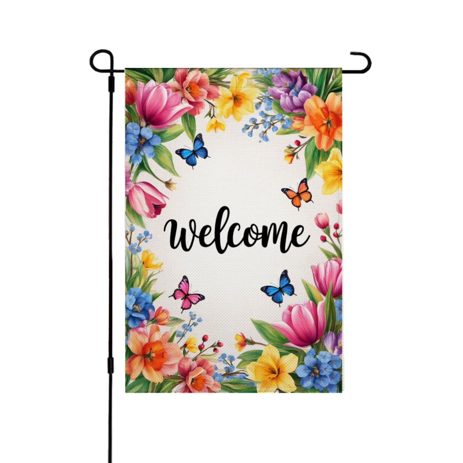AMHNF Linen Garden Flag with Floral and Butterfly Design - Welcome Sign ...
