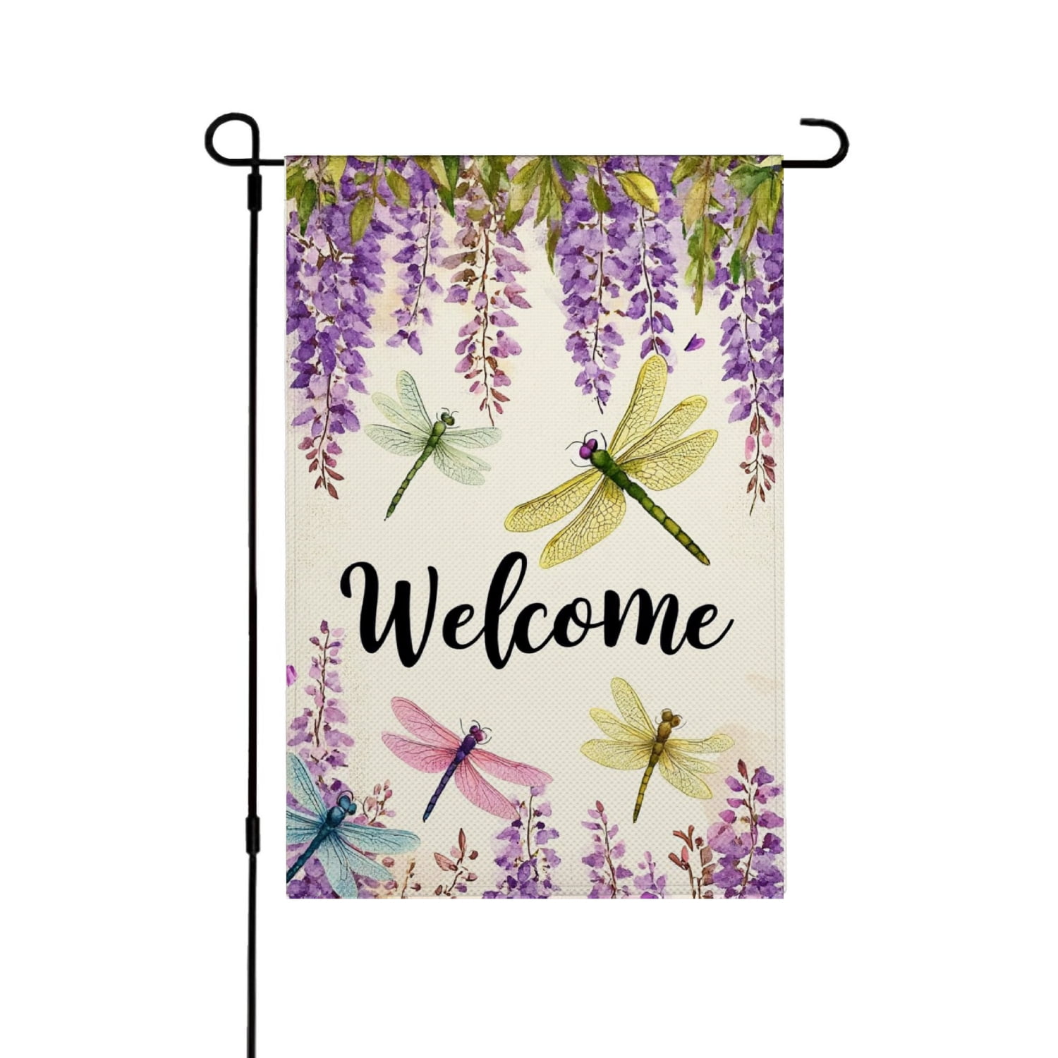 AMHNF Welcome Dragonfly Linen Garden Flag with Purple Flowers for ...
