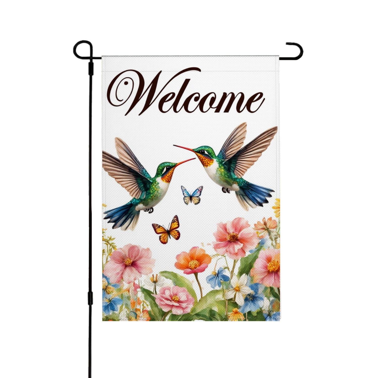 AMHNF Welcome Hummingbirds Butterflies Flowers Linen Garden Flag for ...