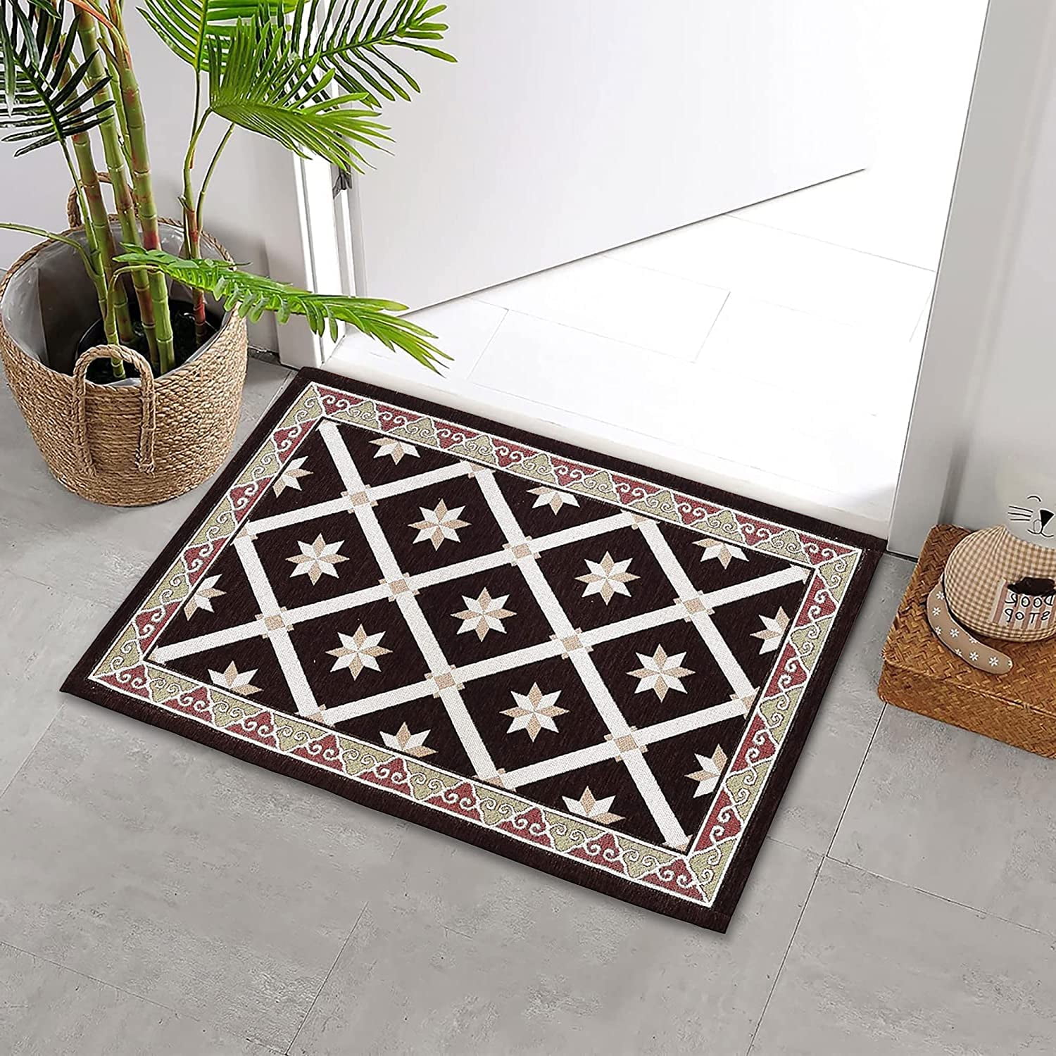 AMIDA Indoor Entryway Doormat 2'x3' Moroccan Trellis Non Slip Chenille ...
