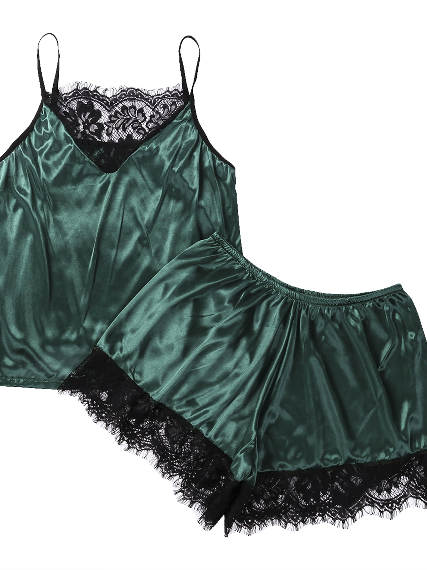 AMILIEe Sexy Silk Satin Ruffled Pajamas Sets Hollow Lace V-Neck ...