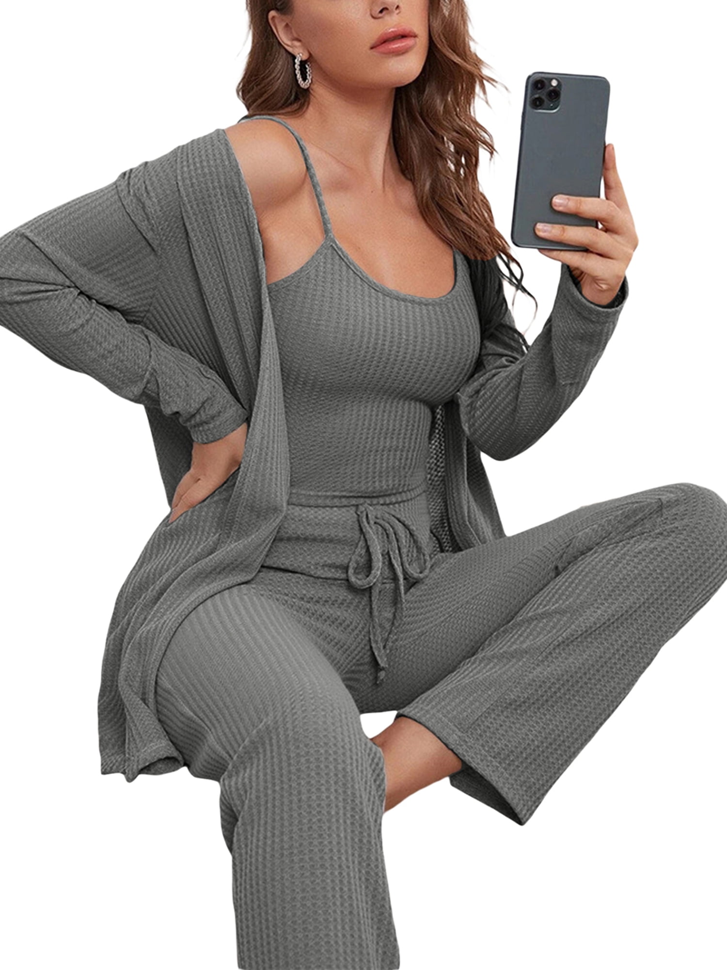 AMILIEe Women 3 Piece Lounge Set Pajama Set Long Sleeve Loungewear Set ...