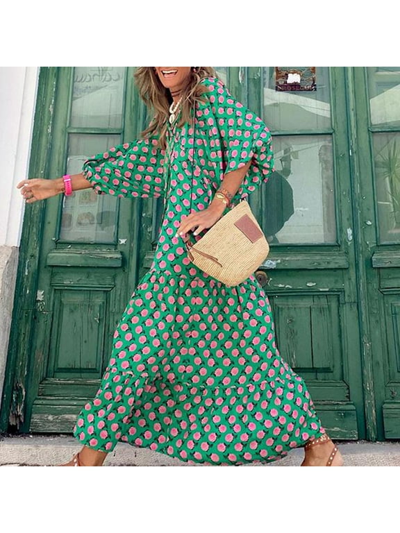 Licupiee Women Boho Floral Puff Sleeve Tiered Maxi Dress Casual Layered ...