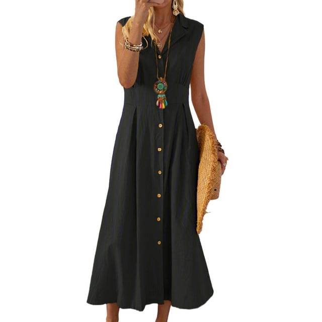AMILIEe Women Casual V Neck Sleeveless Button Down Dress Summer A-Line Swing Tank Midi Dresses S ...