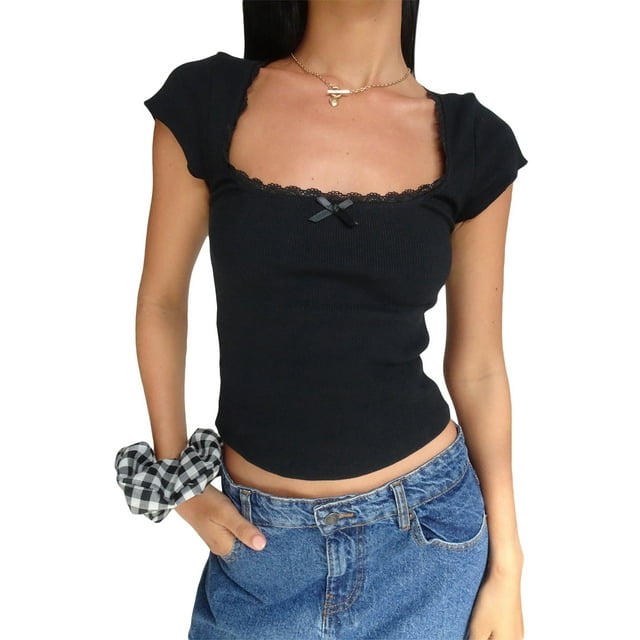 Amiliee Womens Casual Tank Tops Y2k Camisole Tops Lace Patchwork Crop