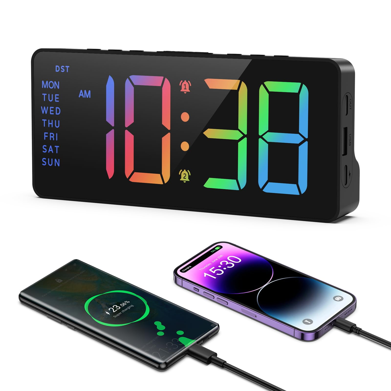 AMIR Colorful LED Alarm Clocks for Bedroom, 2 Alarms with Large Display ...