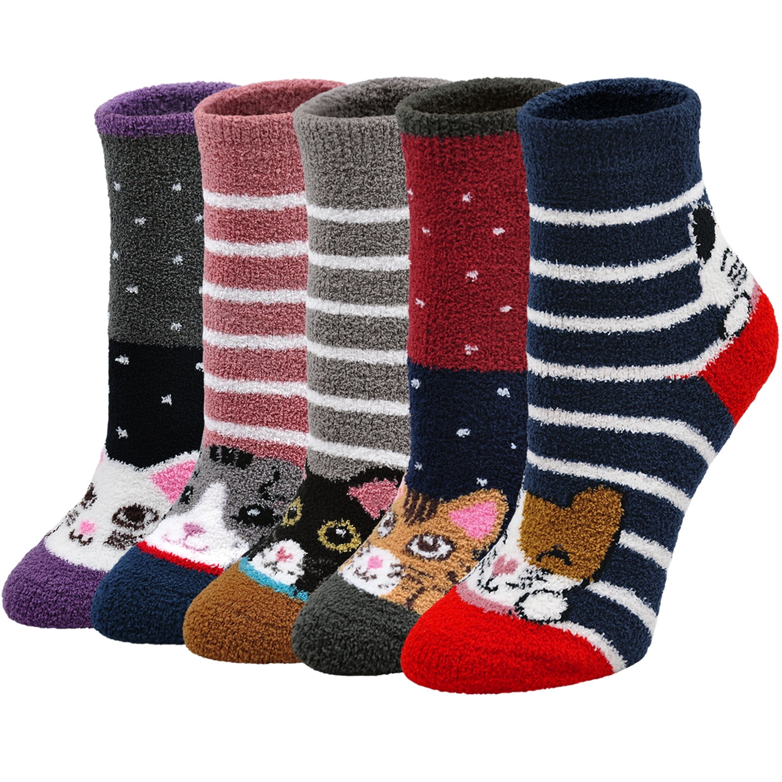 ZFSOCK 5 Pairs Women's Kitten Print Fuzzy Socks, Cozy Plush Winter Warm ...