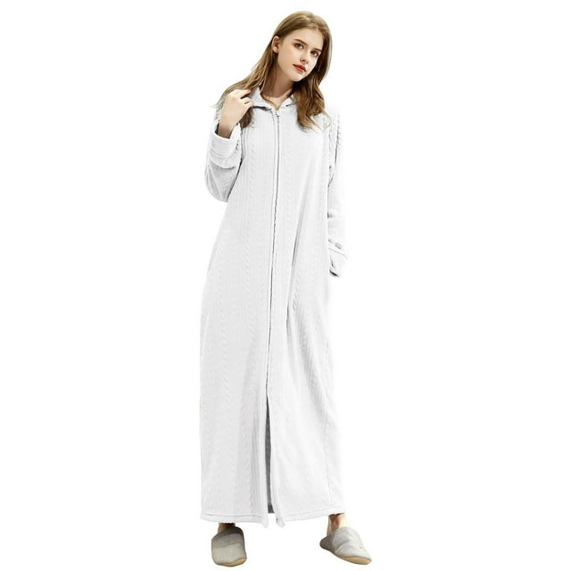 AMITOFO Full Length, Thick Fluffy Fleece, Women's Bathrobe with Zip Front, Pockets and Jacquard ...