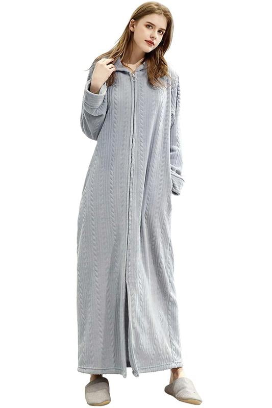 AMITOFO Women's Fluffy Fleece Full Length Long Hooded Front Zip ...