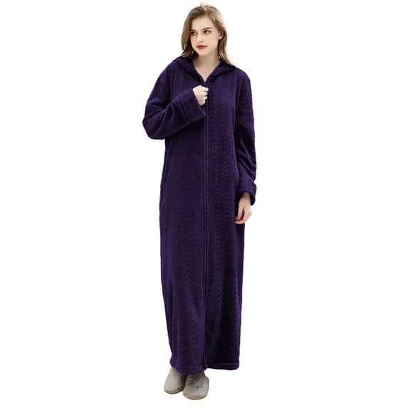 AMITOFO Long Hooded Robes for Women Soft Warm Fleece Zipper Bathrobe ...