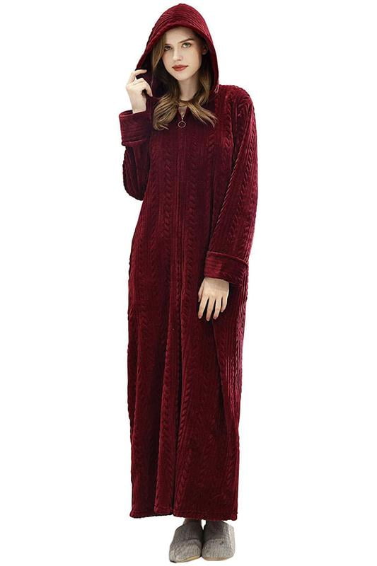 AMITOFO Long Hooded Robes for Women Soft Warm Fleece Zipper Bathrobe with Pockets and Jacquard ...