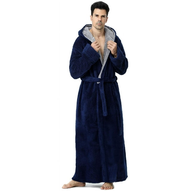 AMITOFO Men's Hooded Bathrobe, Plush Fleece Sleepwear, Full Length, M ...