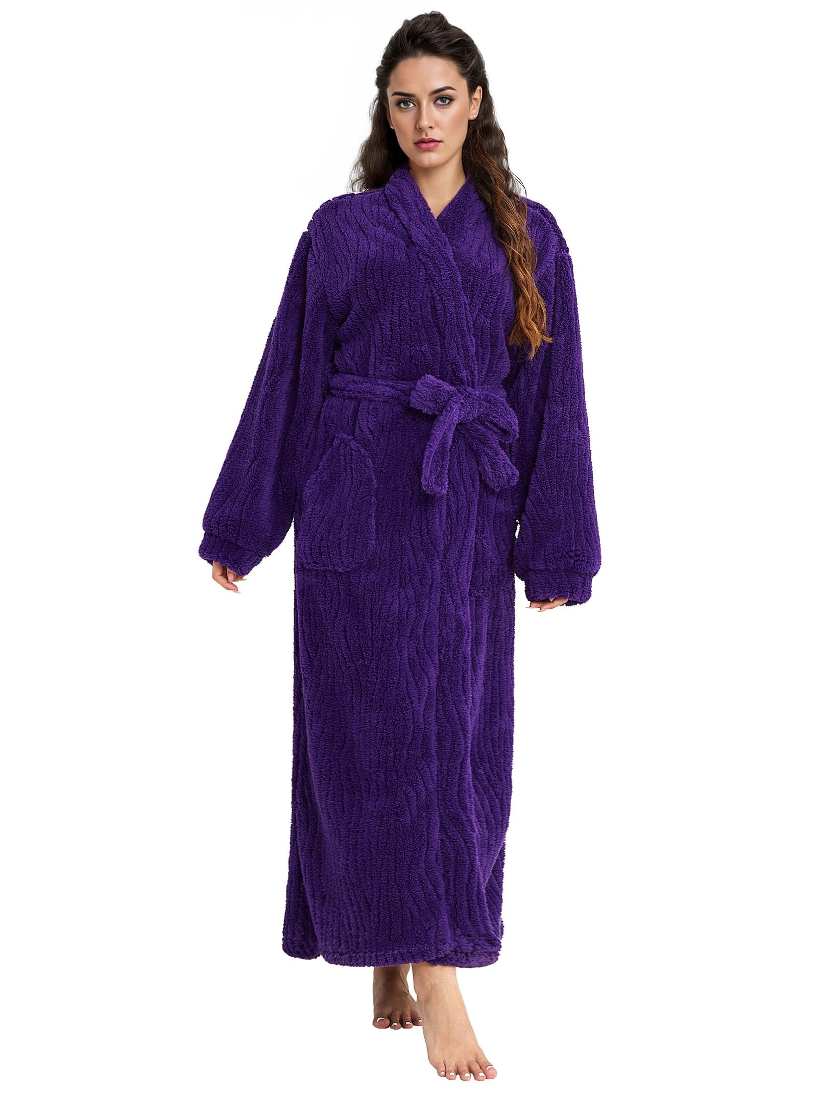 AMITOFO Long Robes for Women, Soft Fluffy Fleece Bath Robe with Front ...