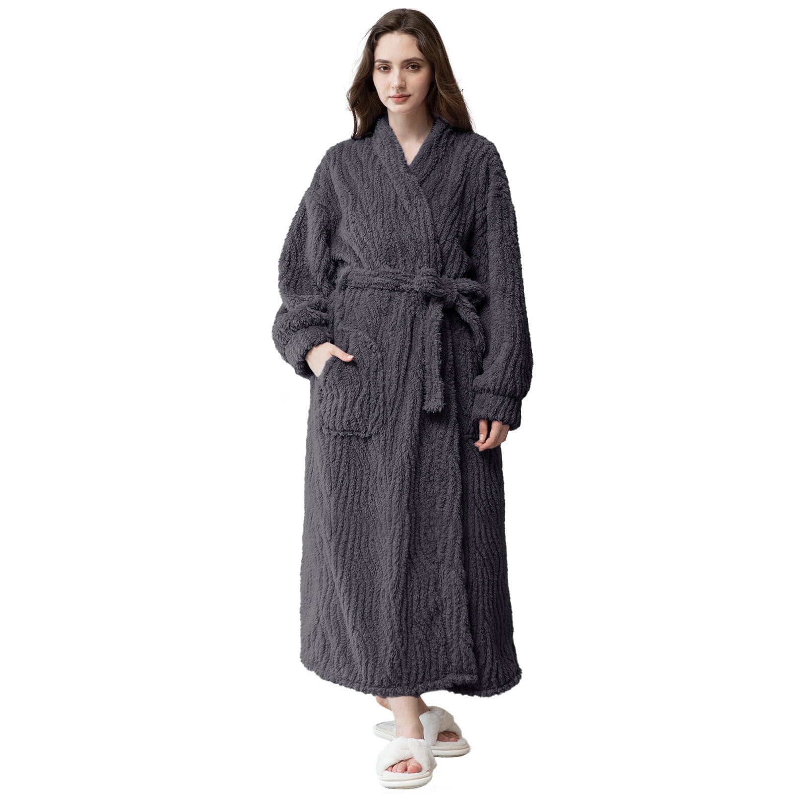 AMITOFO Long Robes for Women, Soft Fluffy Fleece Bath Robe with Front ...