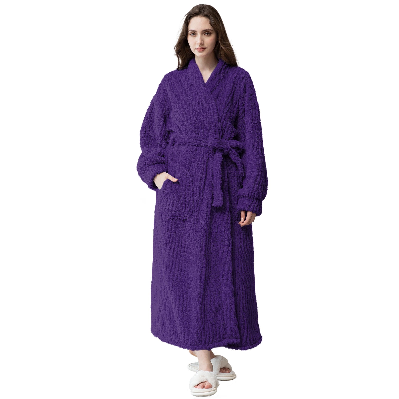 AMITOFO Long Robes for Women, Soft Fluffy Fleece Bath Robe with Front ...