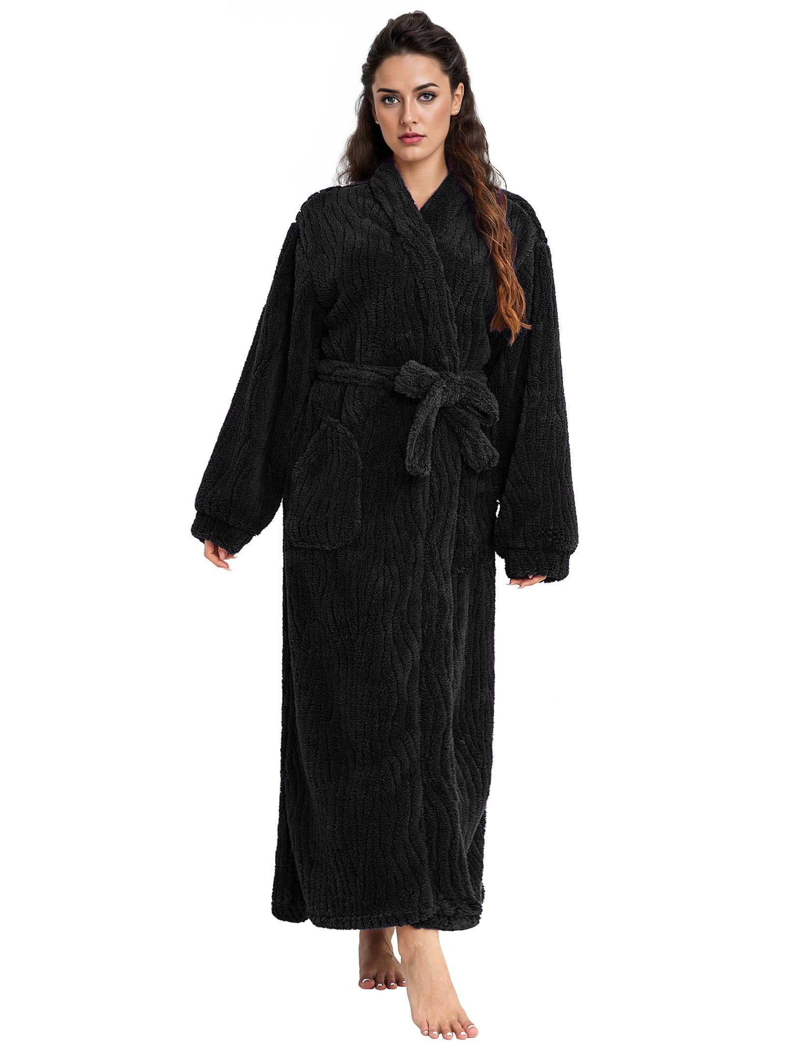 AMITOFO Long Robes for Women, Soft Fluffy Fleece Bath Robe with Front ...