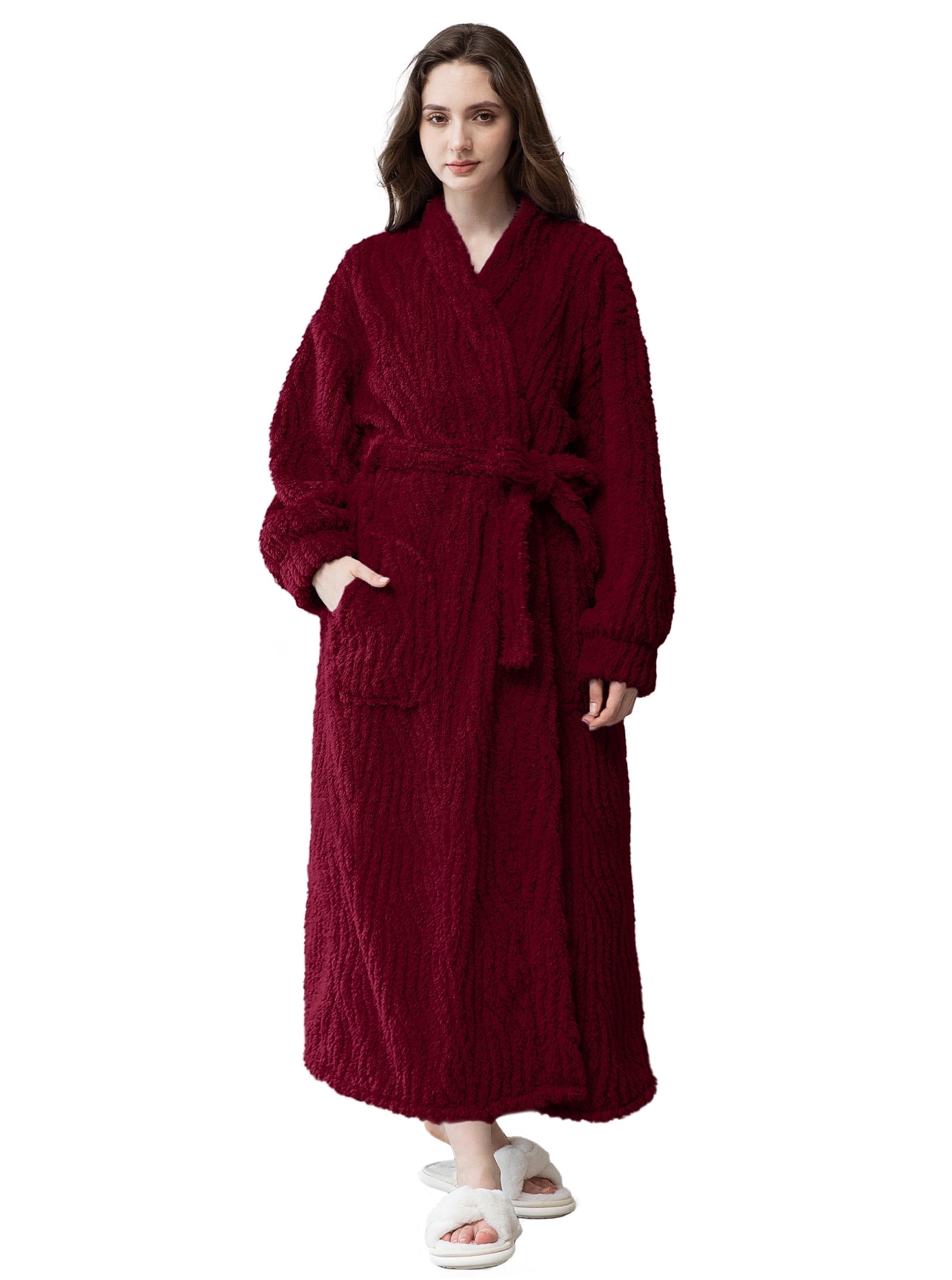 AMITOFO Long Robes for Women, Soft Fluffy Fleece Bath Robe with Front ...