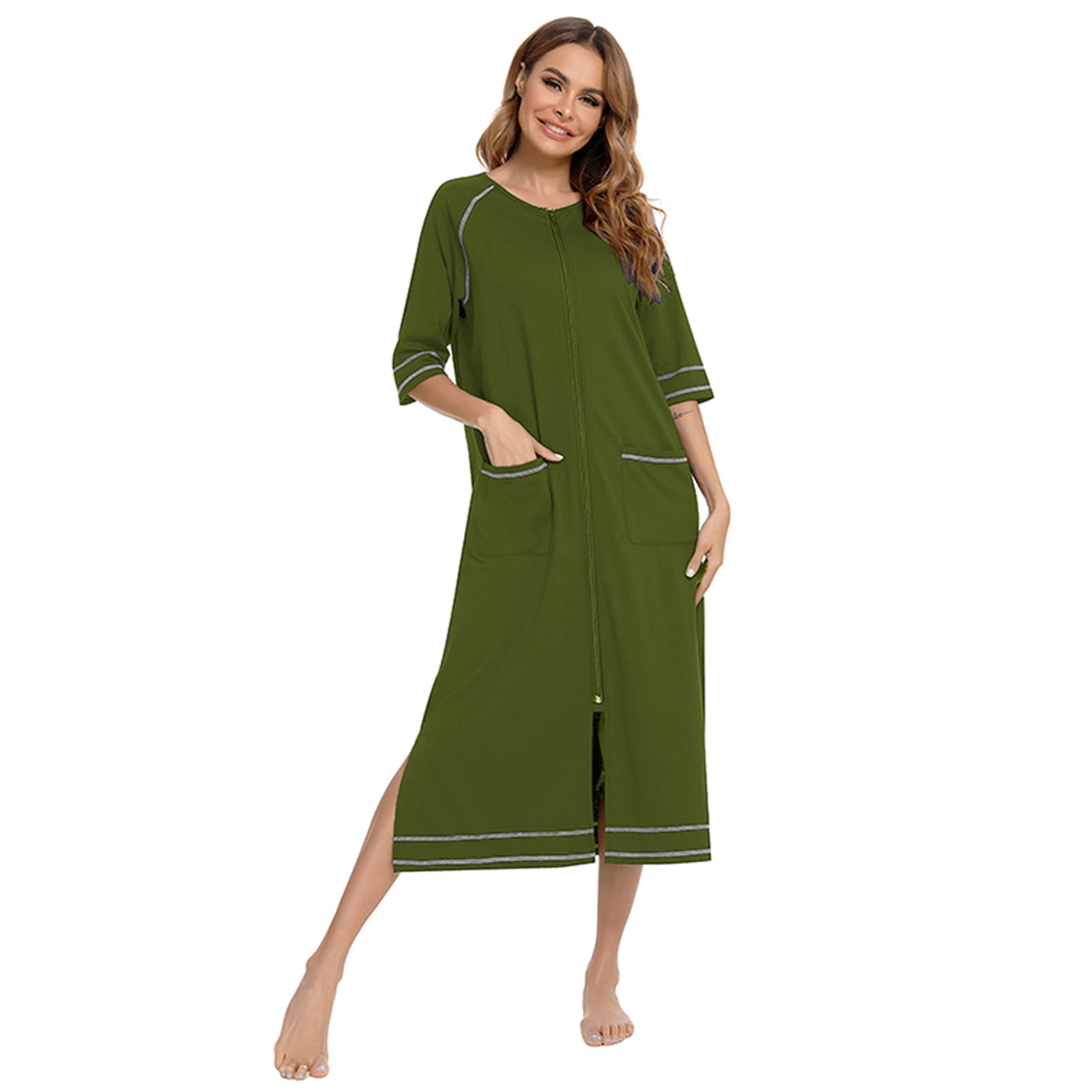 AMITOFO Women's Soft Cotton Zip-Up Robe with Pockets, Half Sleeve, Long ...