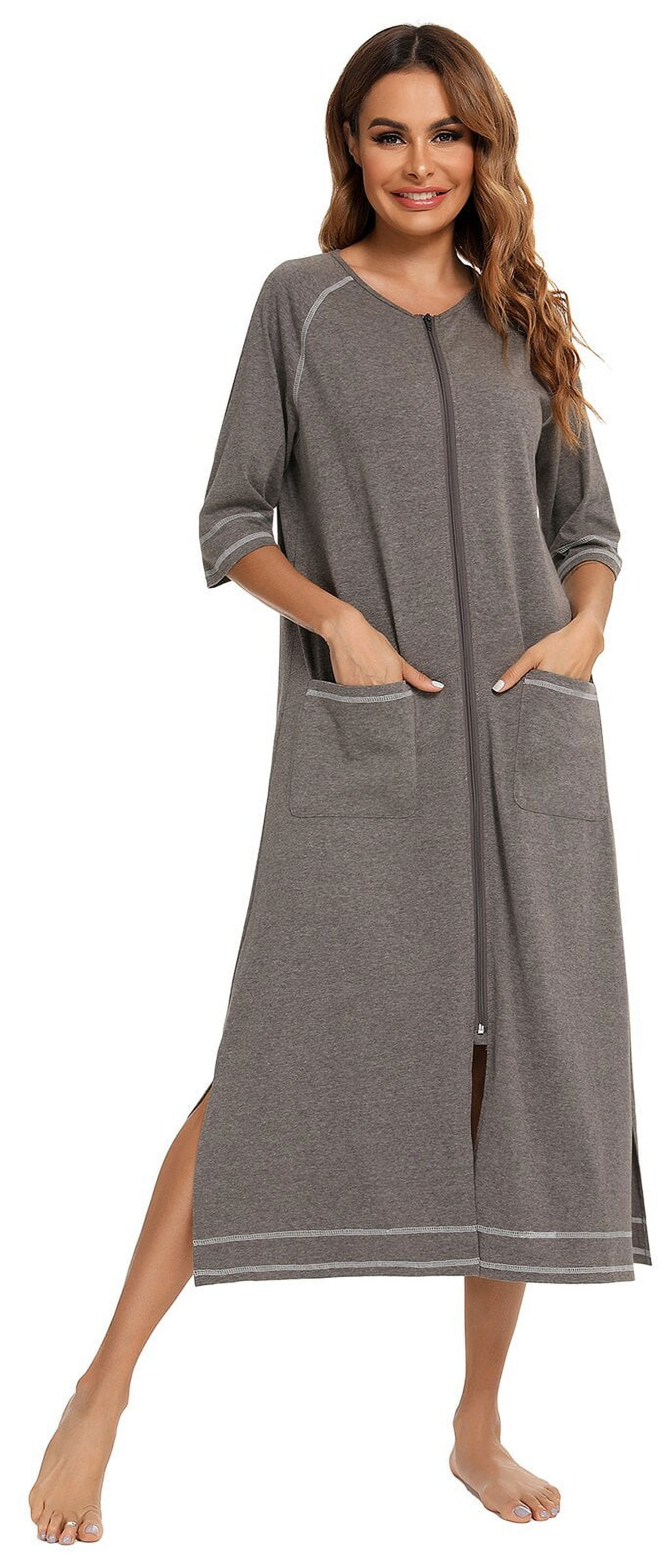 AMITOFO Women's Full-Length Zippered Soft Cotton Bathrobe with Pockets ...