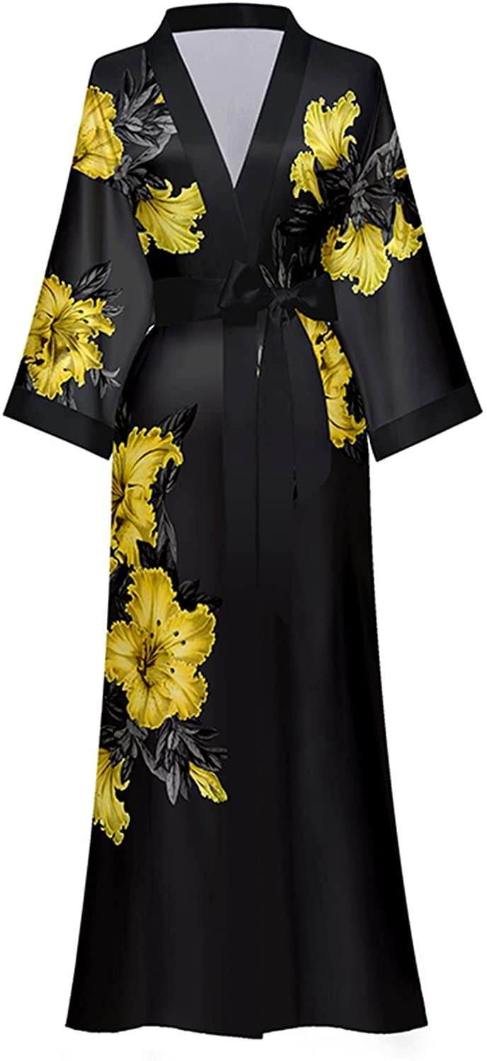 Amitofo Womens Full Length Silk Kimono Lightweight Satin Floral