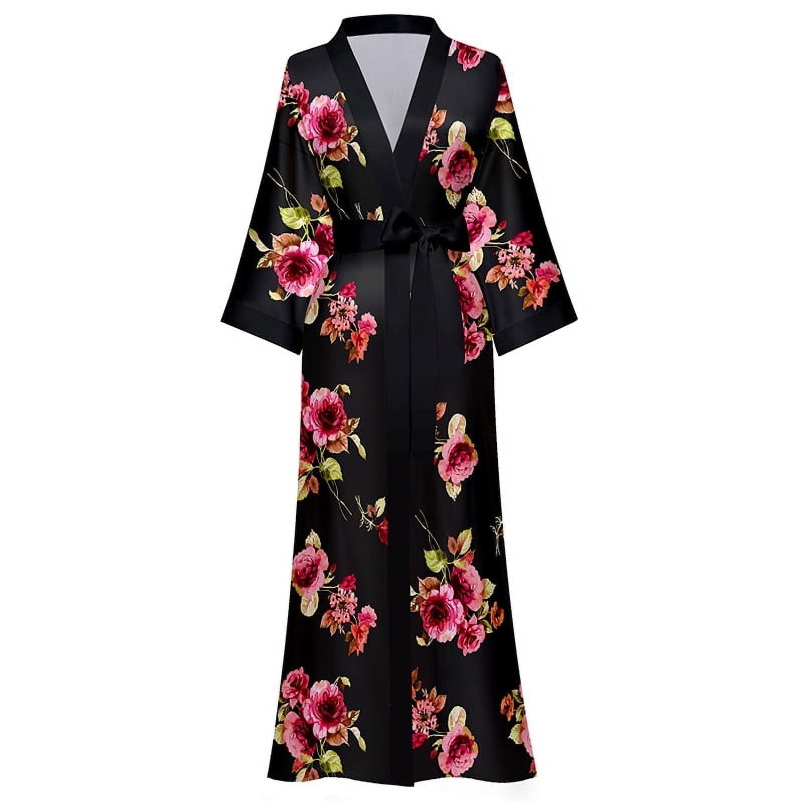 AMITOFO Long Silk Kimono Robes, Lightweight Satin Bathrobe, Floral ...