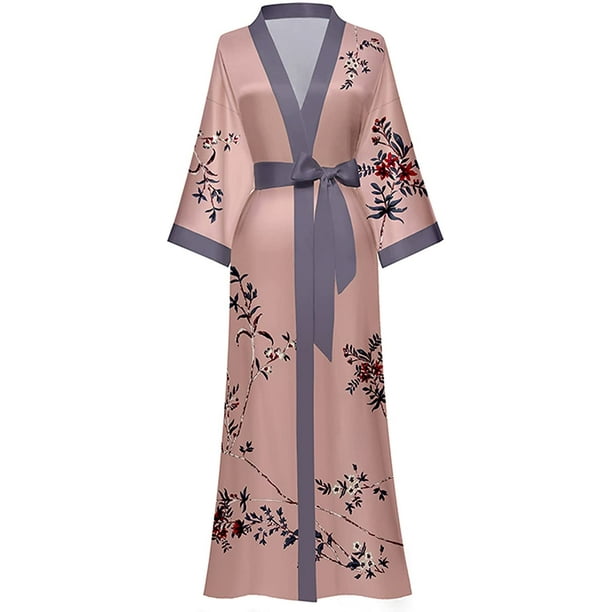 AMITOFO Long Silk Kimono Robes for Women Lightweight Silky Satin Floral ...
