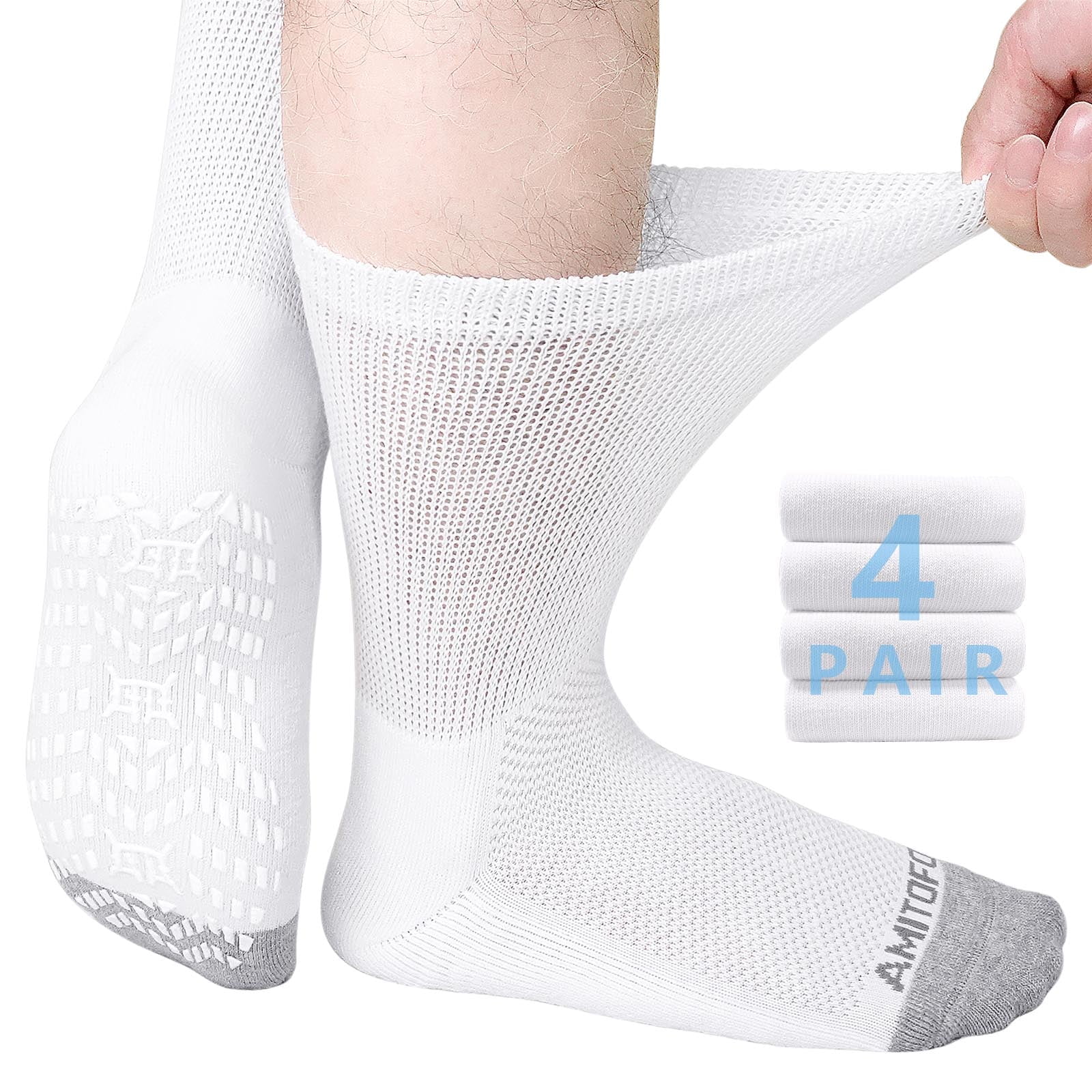 AMITOFO Non-Binding Diabetic Socks, Anti-Slip White Cotton Crew Socks ...