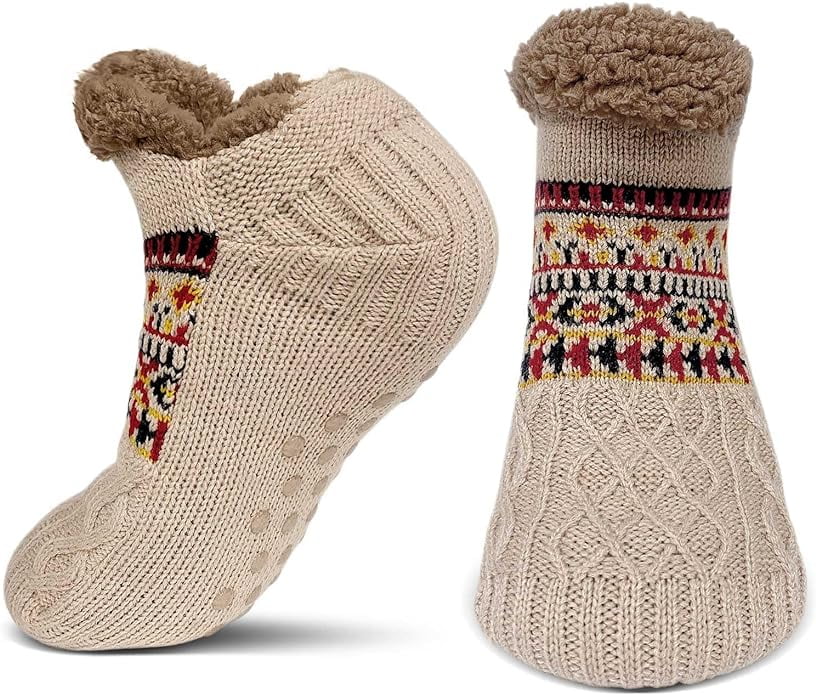 AMITOFO Men's Thick Thermal Fuzzy Socks, Non-Slip, Beige Size 11-13 ...