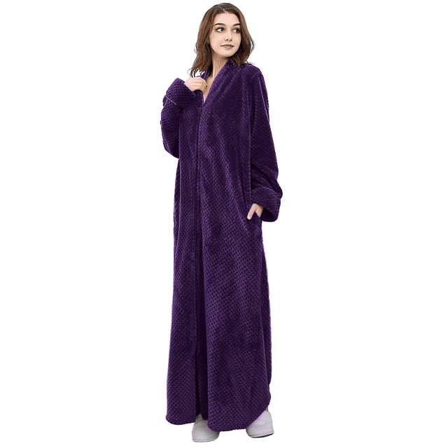 AMITOFO Womens Zip Up Fleece Robe Warm Loose Flannel Plush Zipper ...