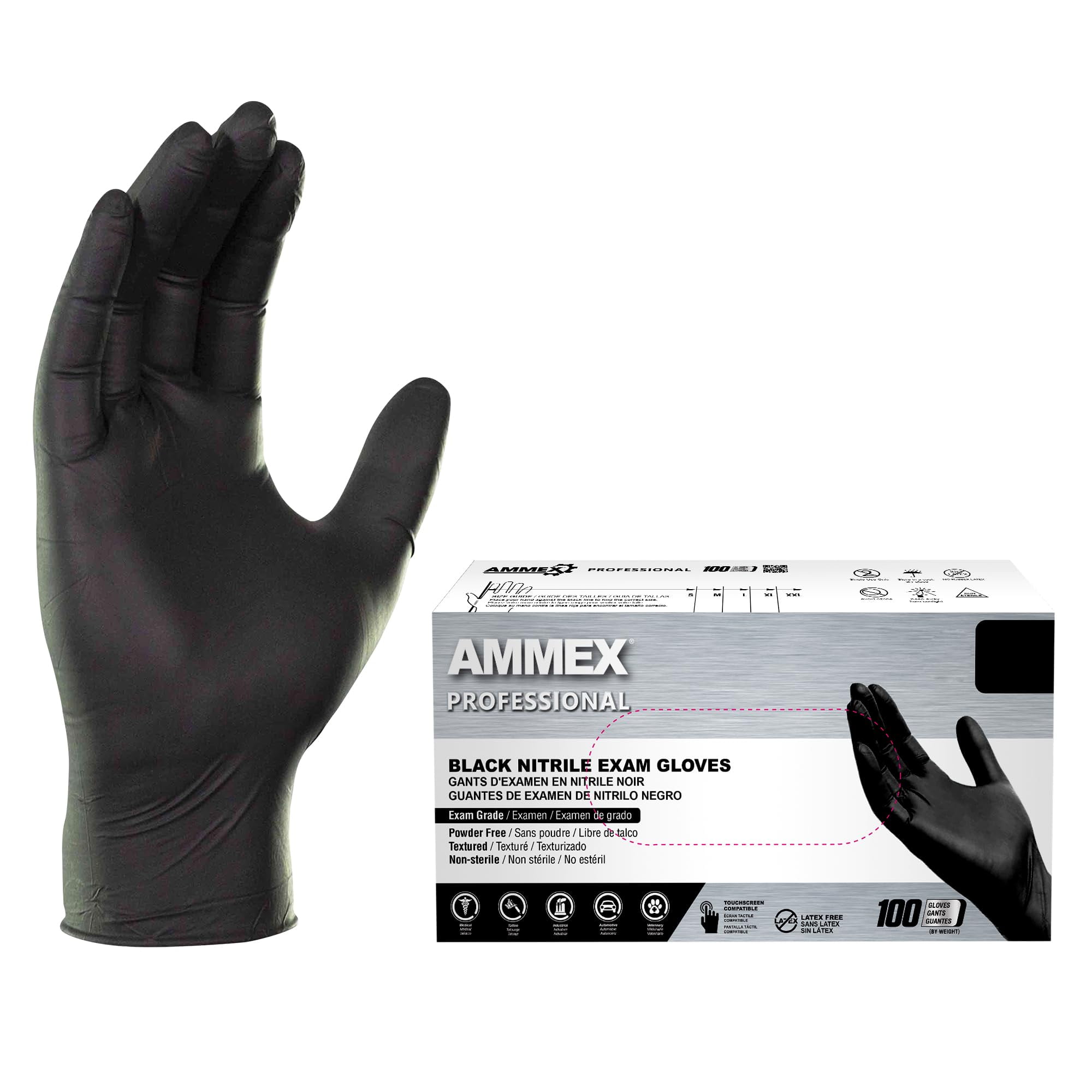 AMMEX Black Nitrile Disposable Exam Gloves, 3 Mil, Latex & Powder Free ...