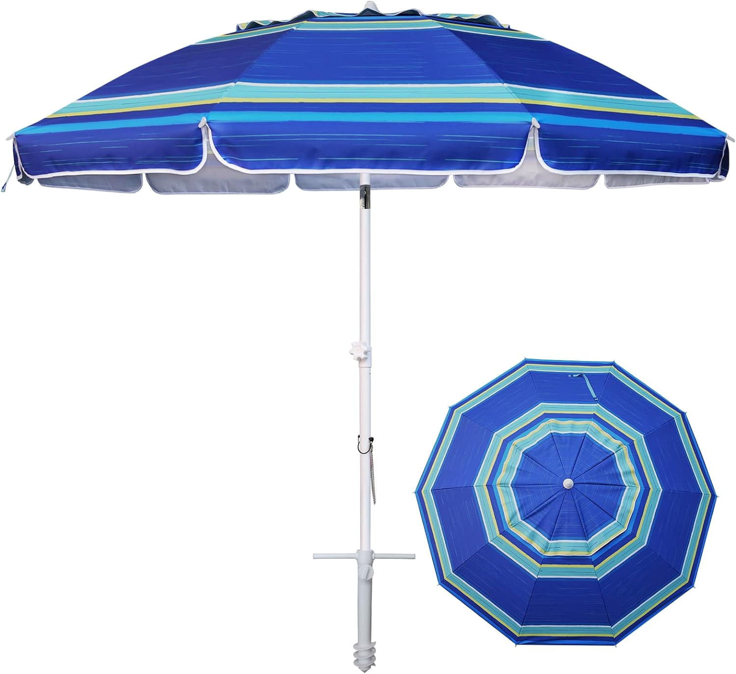 AMMSUN 8FT Large Heavy Duty Beach Umbrella with Sand Anchor UPF50+ Tilt Shelter Outdoor,Stripe ...