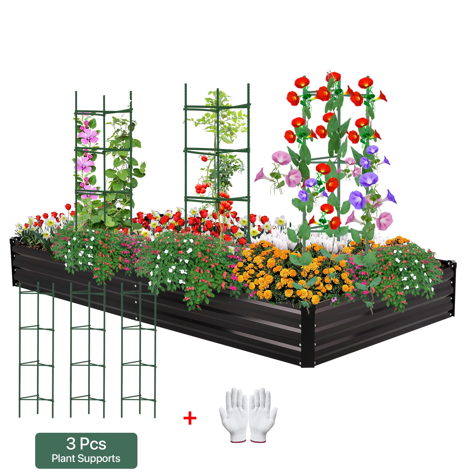 AMOBORO 8x4x1ft Elevated Metal Garden Bed, Ground Plant Box with 3 Tomato Cages, Black - Walmart.com