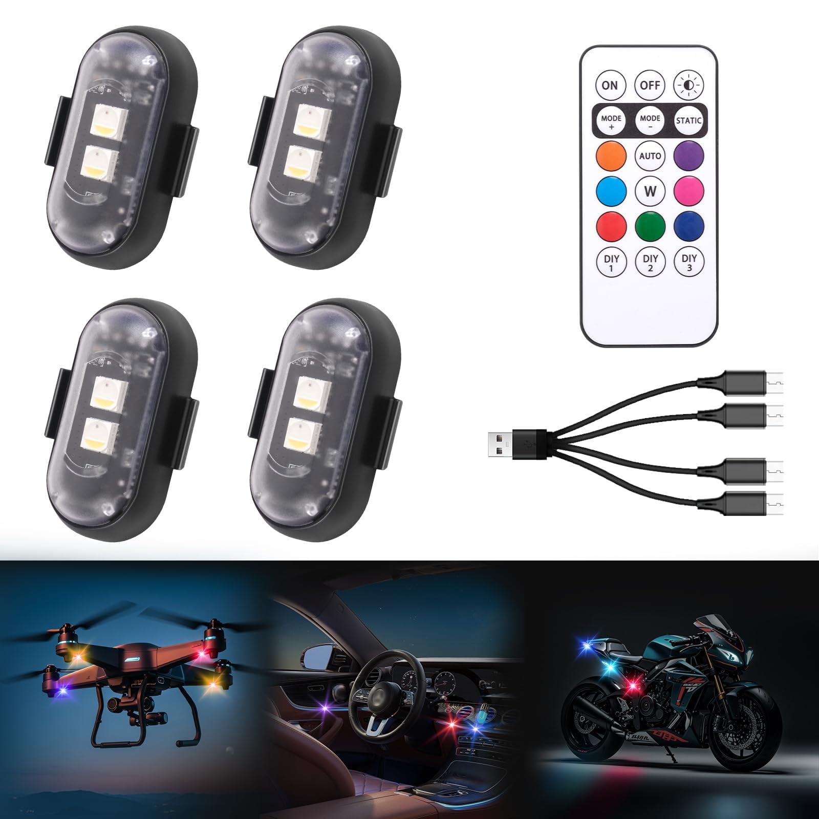 AMORONE 4PCS Wireless LED YPF5 Strobe Lights with Remote 8 Colors USB ...