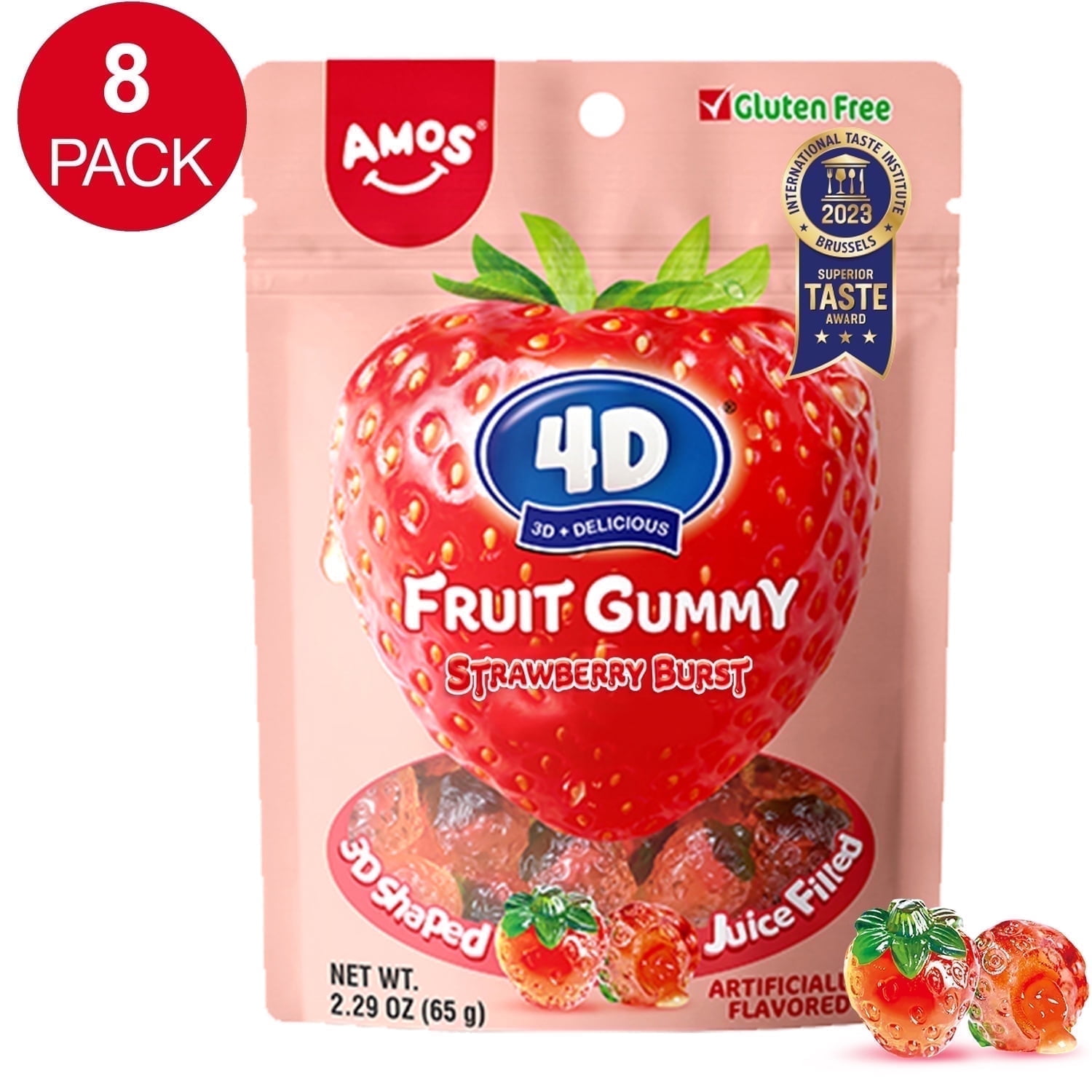 AMOS 4D Fruit Gummy Strawberry Burst, Chewy Jelly Filled Snacks, 2.29oz ...