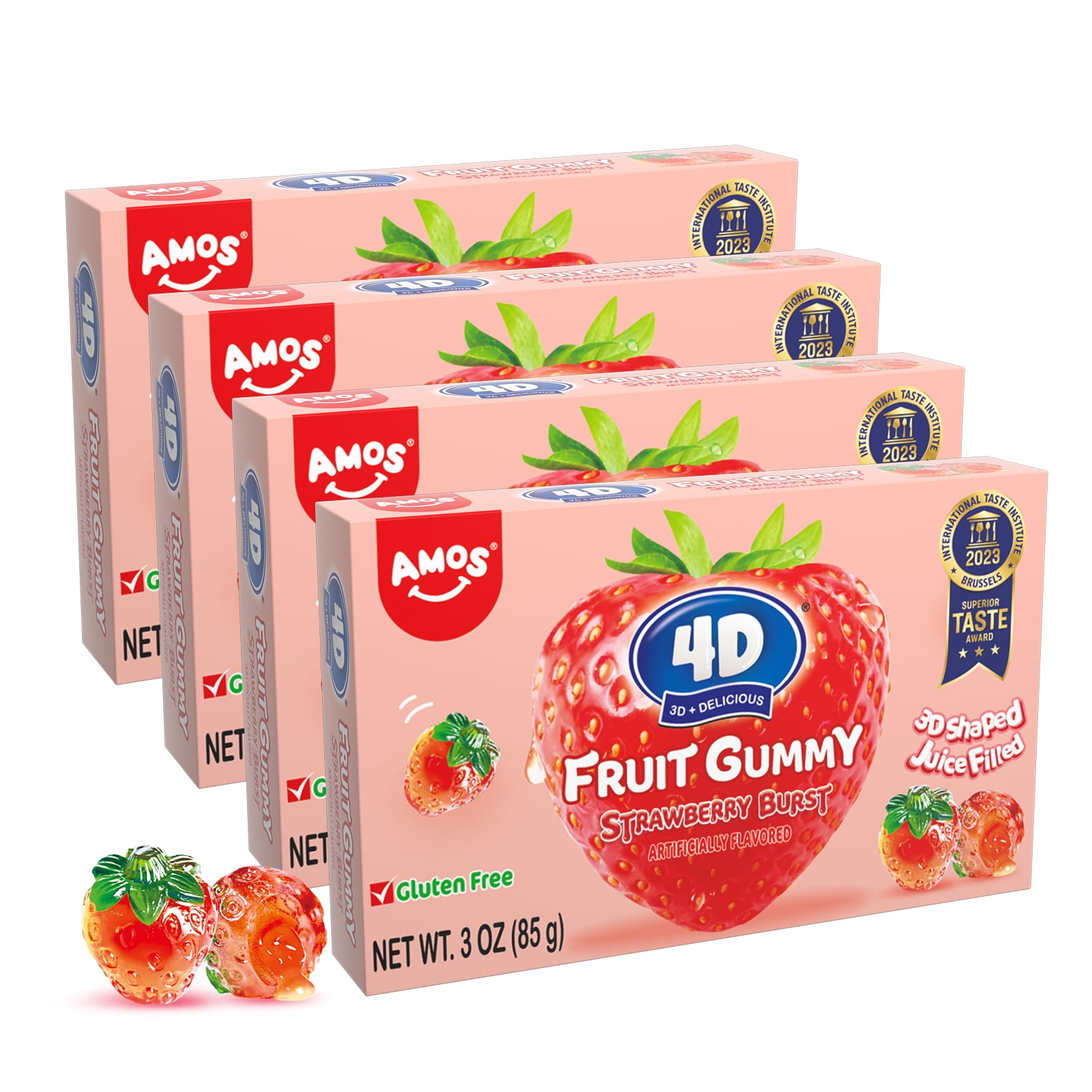 AMOS 4D Gummy Candy Strawberry Burst, Real Fruit Juice Filled, Fat-Free ...