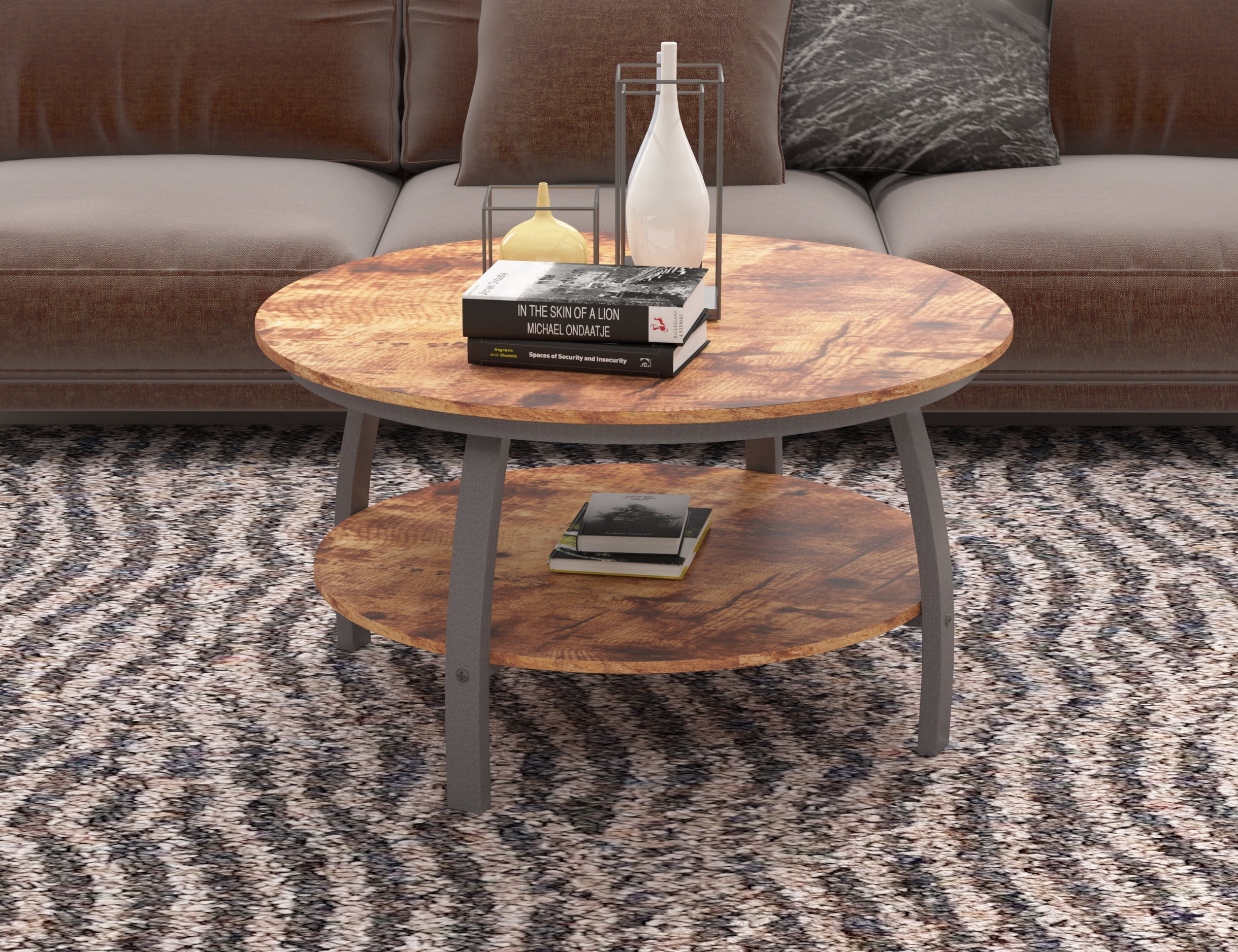 AMOSTBY 2-Tier Double Panel Round Coffee Table for Living Room and ...