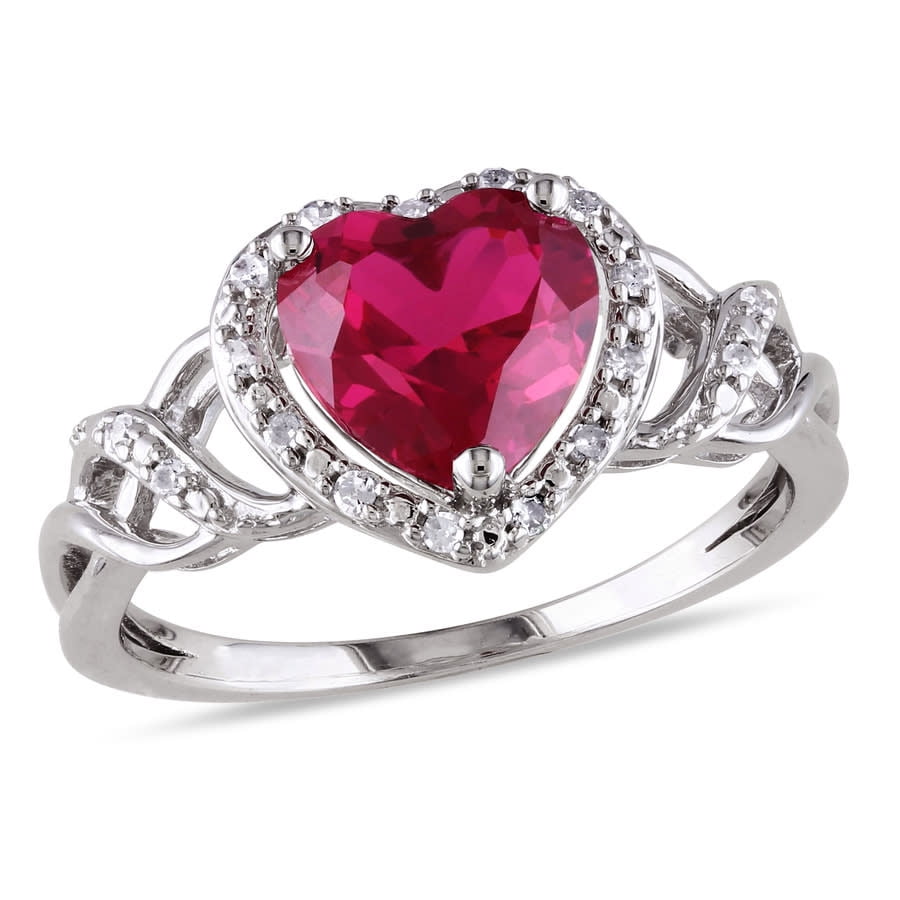AMOUR 1/10 CT TW Diamond and Created Ruby Open Heart Crossover Ring In Sterling Silver - Walmart.com