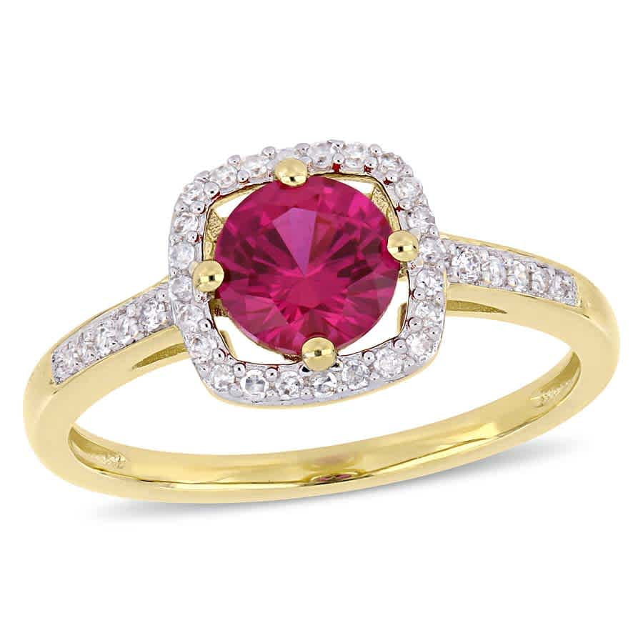 AMOUR 1 CT TGW Created Ruby and 1/7 CT TW Diamond Halo Ring In 10K ...