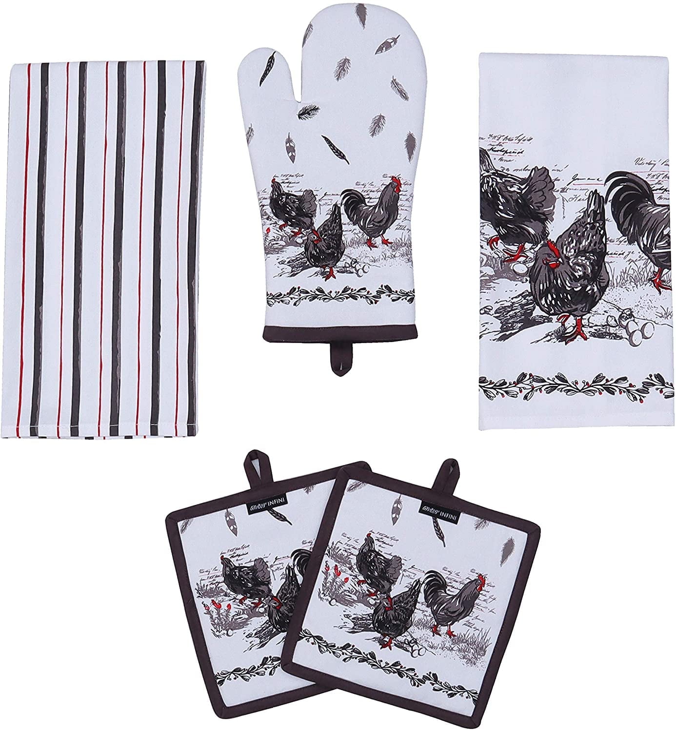 AMOUR INFINI 2 Kitchen Towels, 2 Pot Holders and Oven Mitt Heat Resistant Reusable Cotton Farm ...
