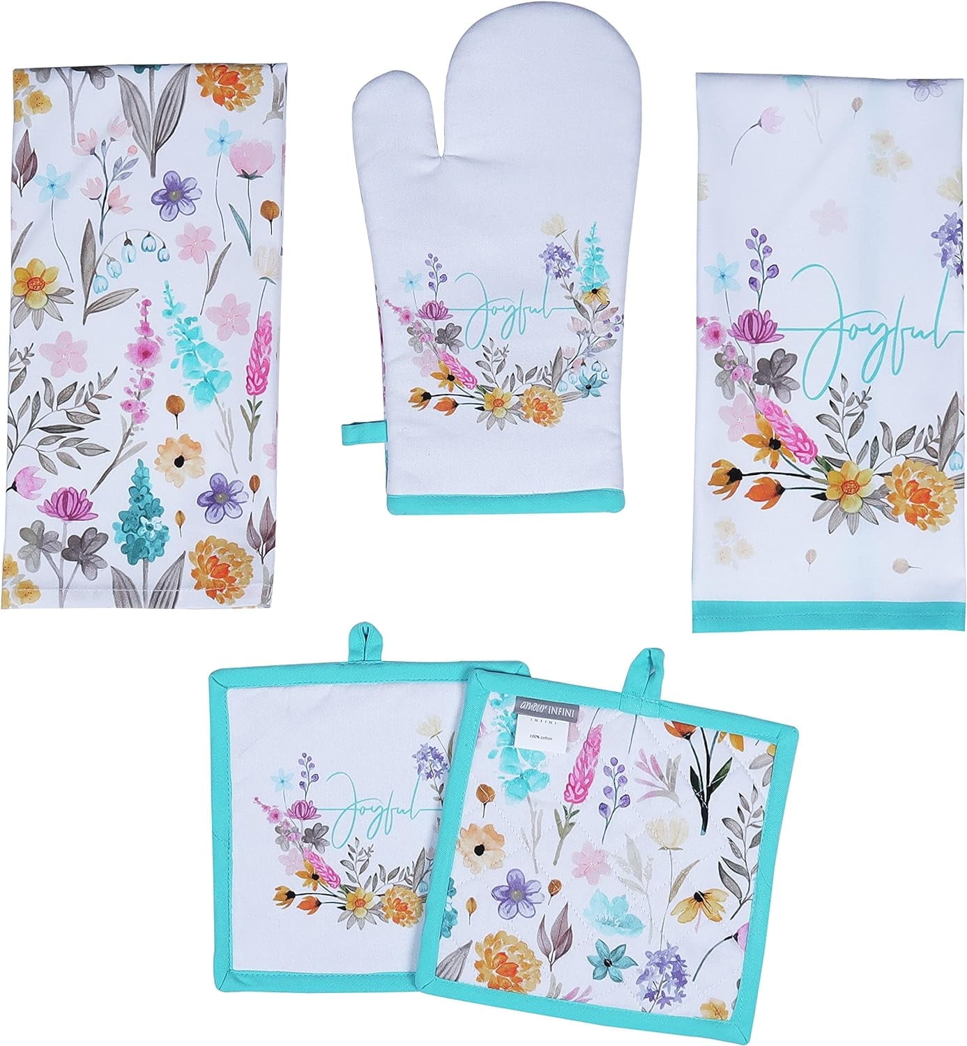 AMOUR INFINI 2 Kitchen Towels, 2 Pot Holders and Oven Mitt Heat ...