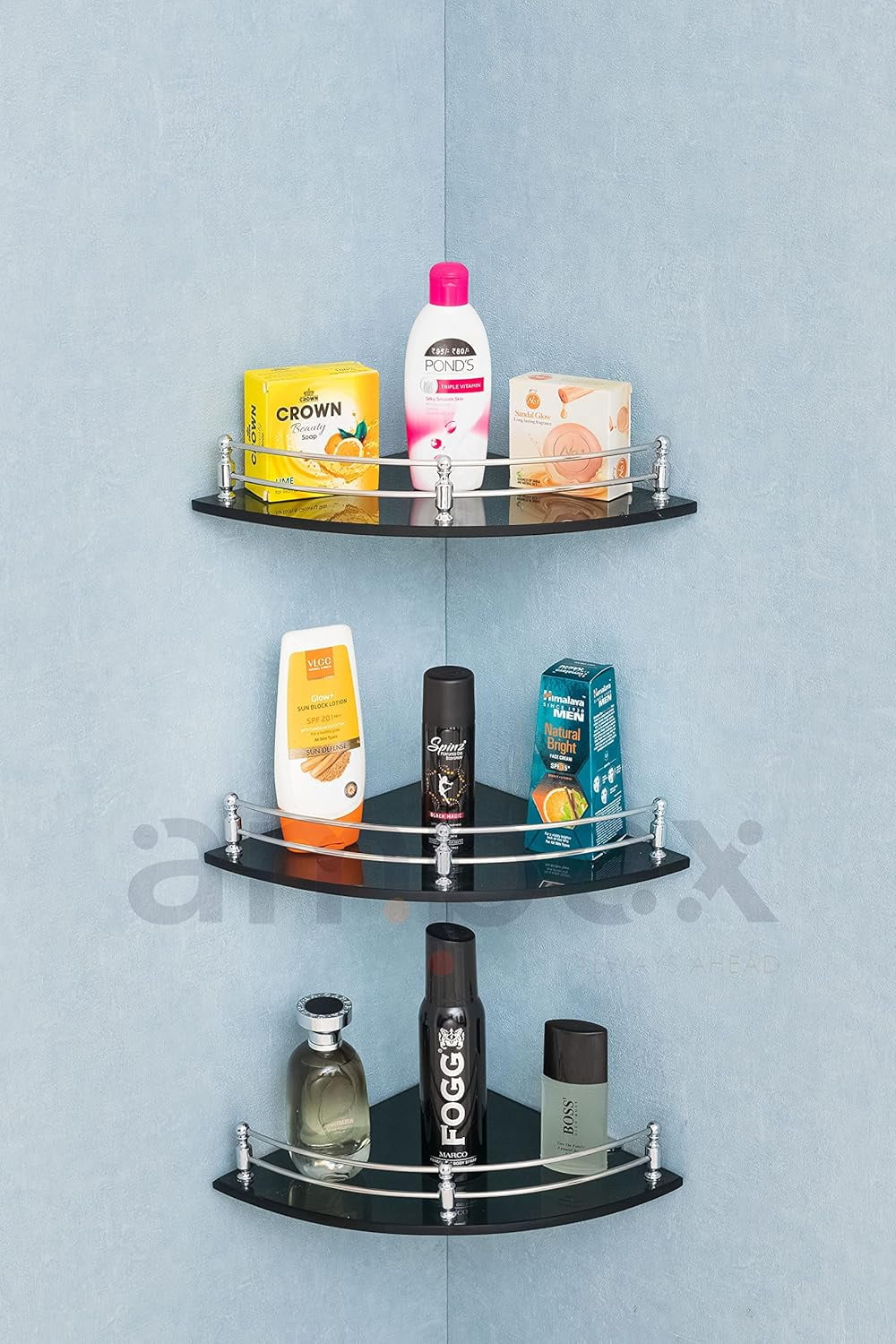AMPEX Premium Black Glass Round Shape Corner Shelf for Bathroom and ...