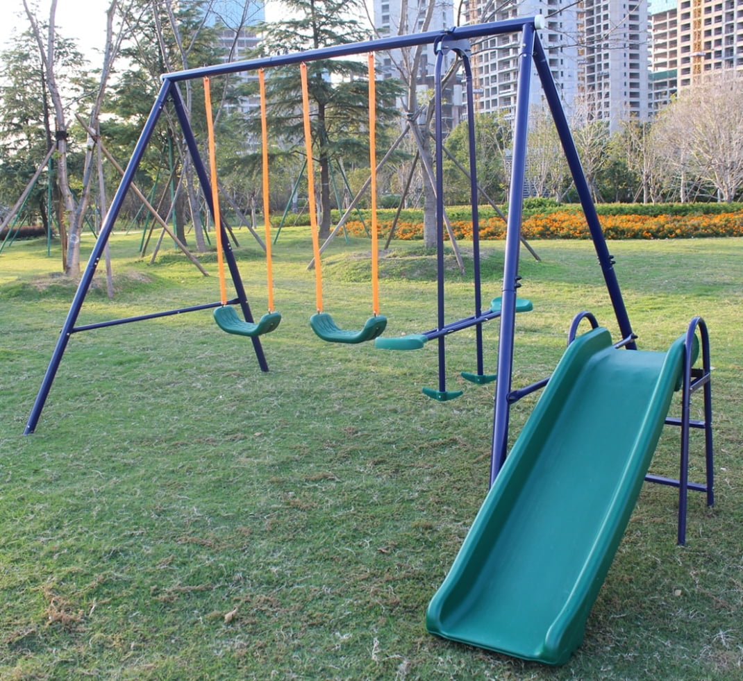 Outdoor 4-in-1 Swing Set, for Kids 3-8, 2 Movable Seats, A-Frame Metal ...