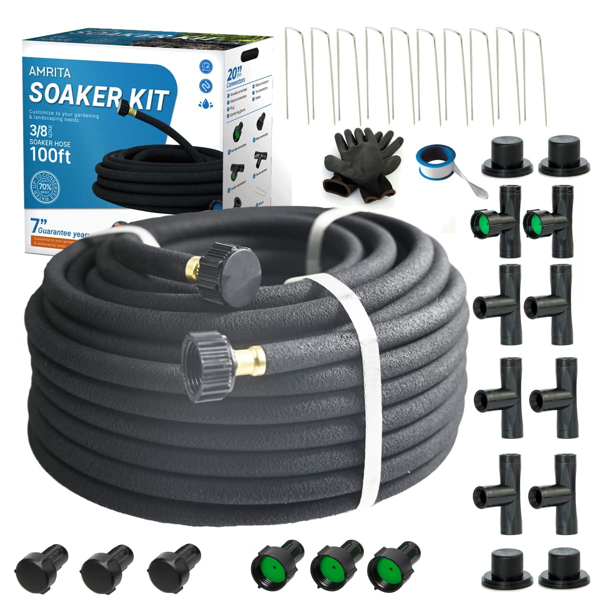 AMRITA Soaker Hose KIT,3/8inch MMF7 100ft Rubber Garden Hose 70% Water ...