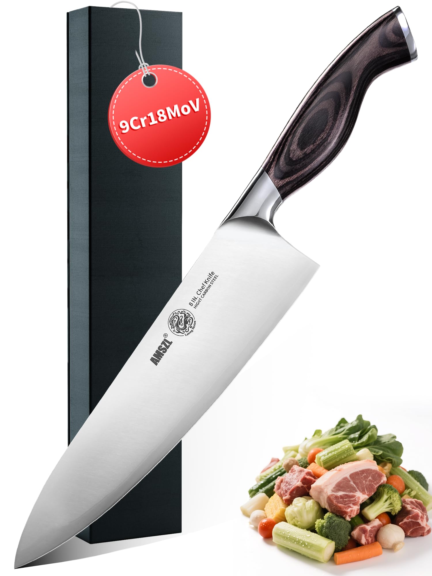 AMSZL LOONG 8 inch Chef Knife, 9Cr18MoV High Carbon Steel Kitchen Knife ...